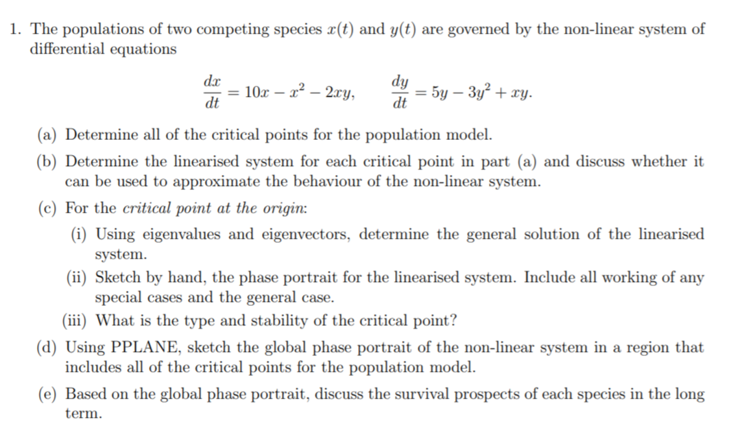 Solved 1. The populations of two competing species x(t) and | Chegg.com