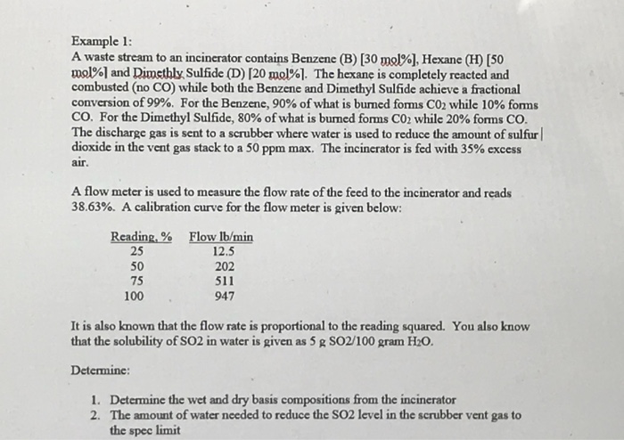 Example 1: A waste stream. to an incinerator contains | Chegg.com