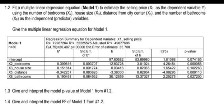 Solved 1.2 Fit a multiple linear regression equation (Model | Chegg.com