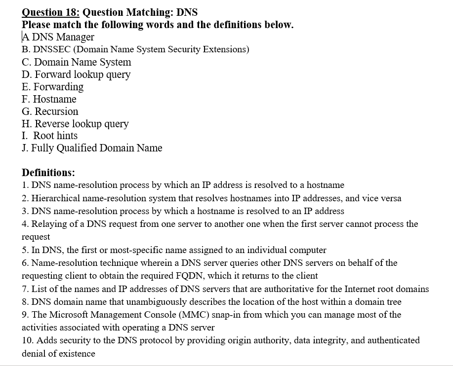 Solved Question 18 Question Matching DNS Please Match T solved-question-18-question-matching-dns-please-match-t