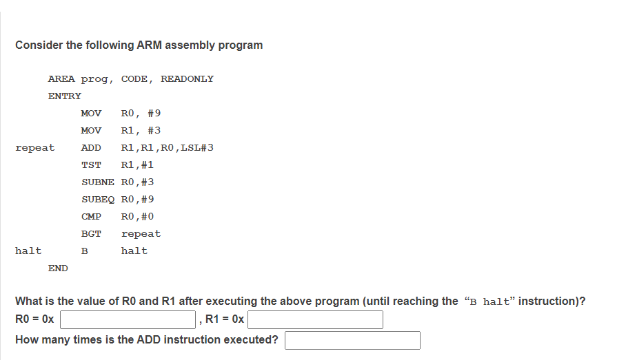 Solved Consider the following ARM assembly program AREA | Chegg.com