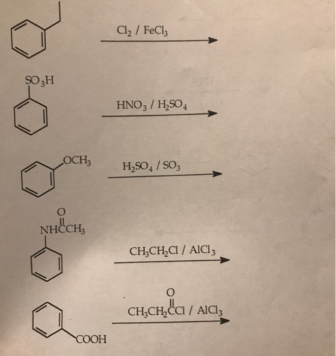 Solved Cl2 FeCl3 SO3H HNO3 / H2SO4 OCH3 H,so, /SO3 NHCCH3 | Chegg.com
