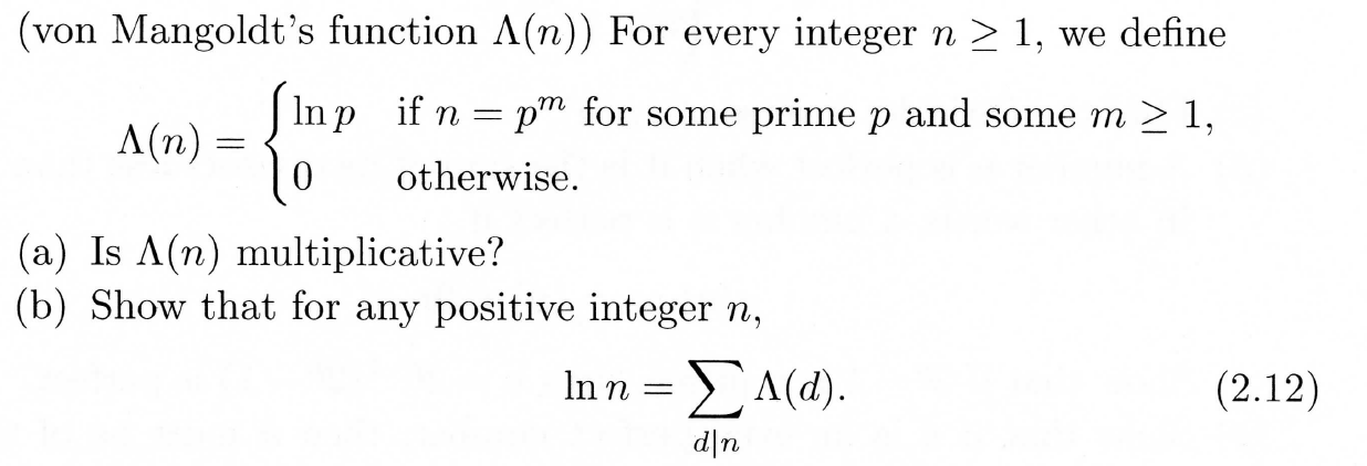 Solved (von Mangoldt’s function A(n)) For every integer n > | Chegg.com