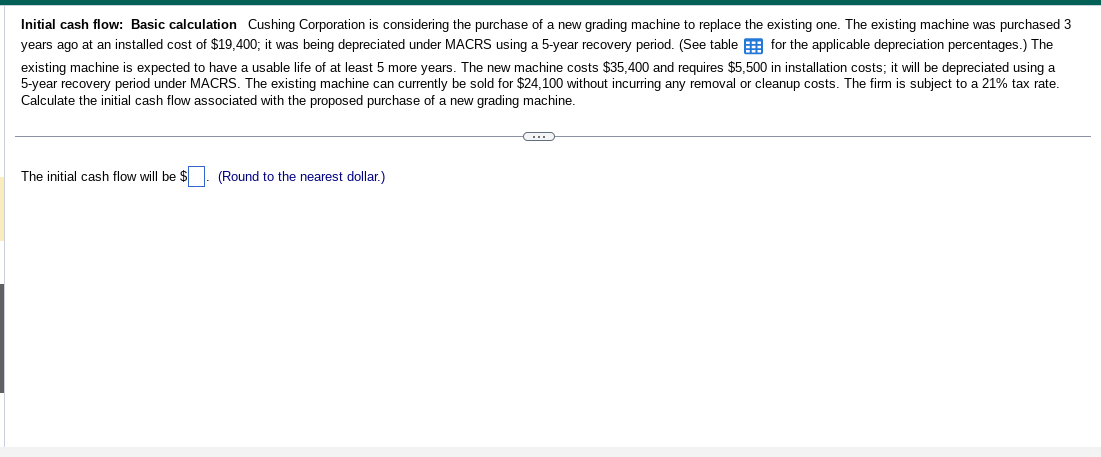 Solved Initial cash flow: Basic calculation Cushing | Chegg.com