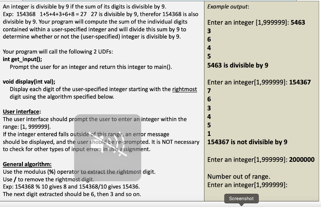 Solved Example output: An integer is divisible by 9 if the | Chegg.com