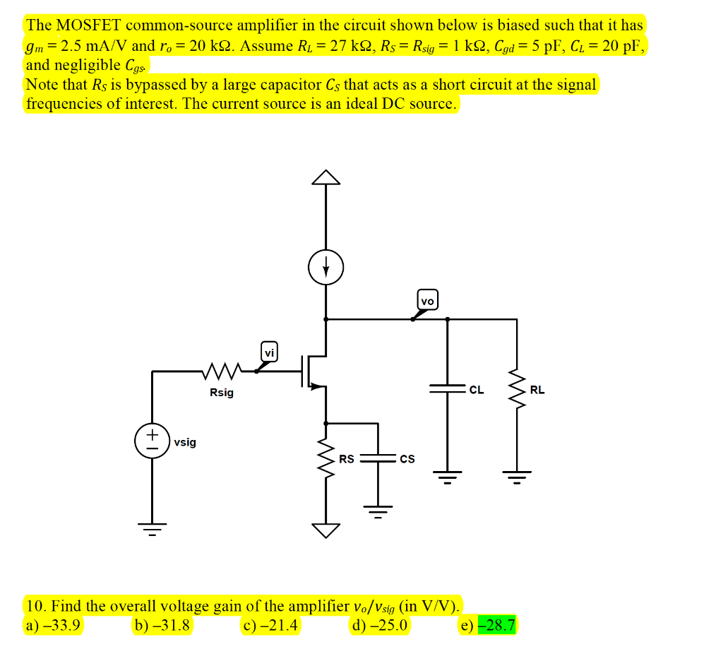 Solved The MOSFET common-source amplifier in the circuit | Chegg.com