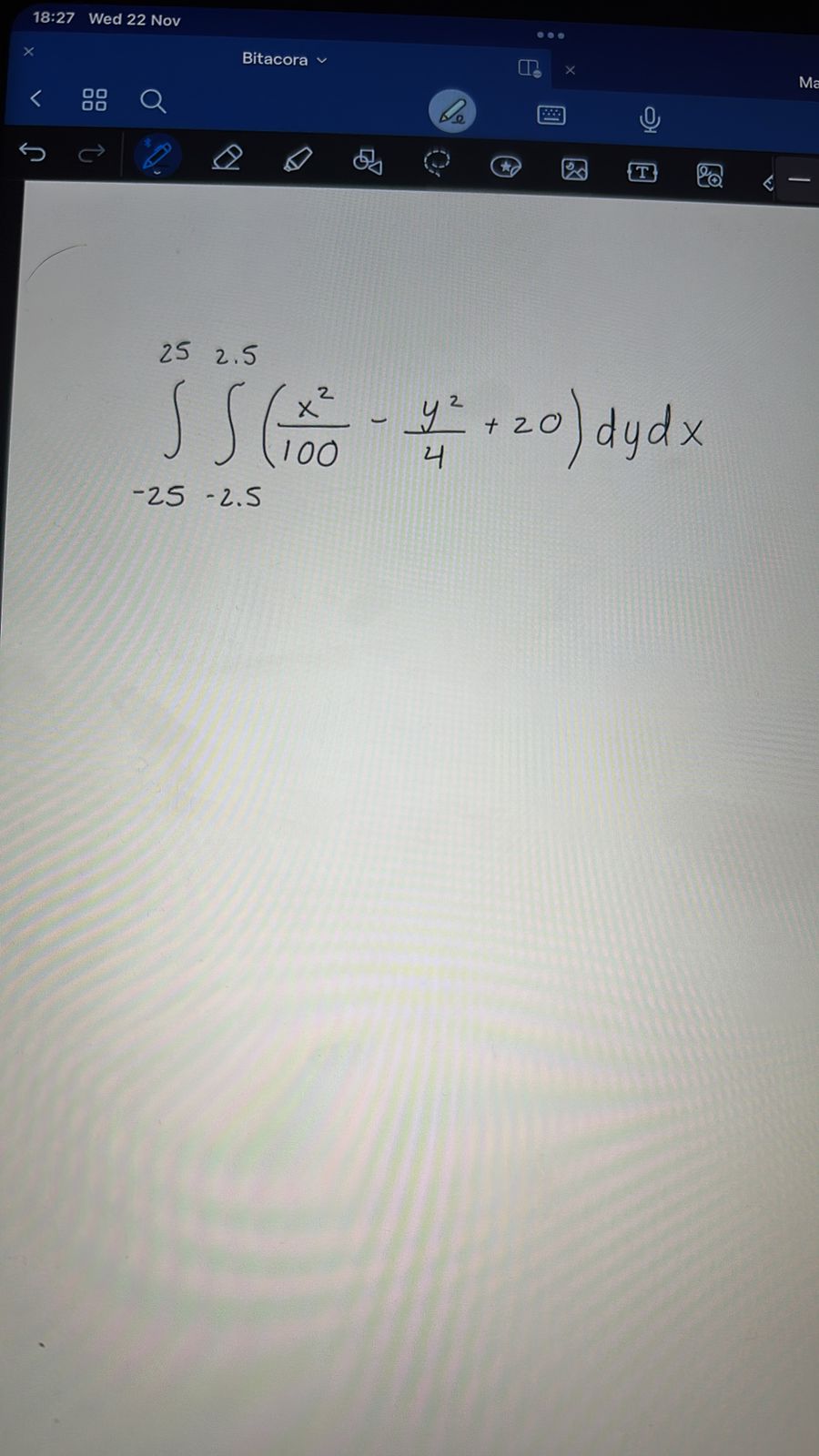 Solved ∫−2525∫−2.52.5(100x2−4y2+20)dydx | Chegg.com