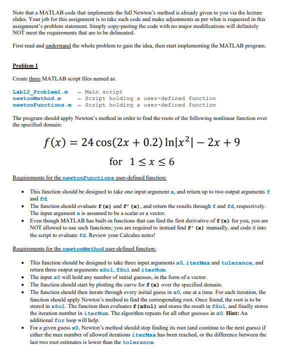 Note that a MATLAB code that implements the full | Chegg.com