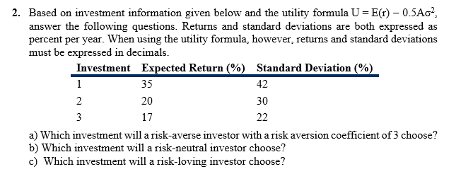 Solved 2. Based on investment information given below and | Chegg.com