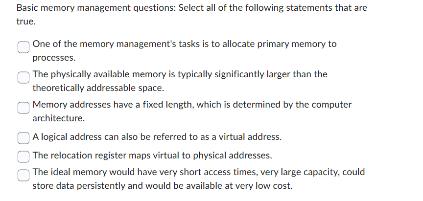 Solved Basic memory management questions: Select all of the | Chegg.com