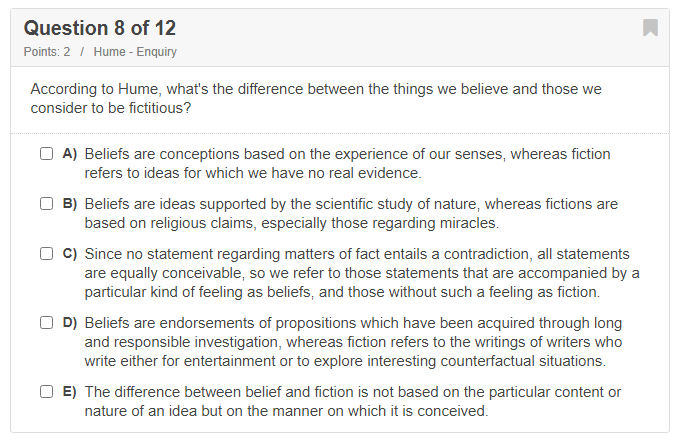 Solved Question 8 of 12 Points: 2 / Hume - Enquiry According | Chegg.com