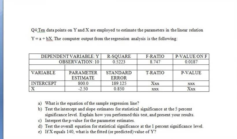 Solved Q4 Ten data points on Y and X are employed to | Chegg.com