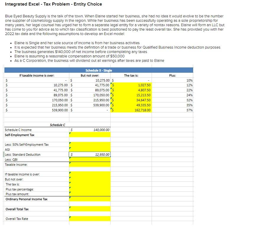 Integrated Excel - Tax Problem - Entity Choice Blue | Chegg.com