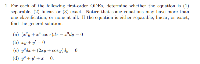 Solved 1. For each of the following first-order ODEs, | Chegg.com