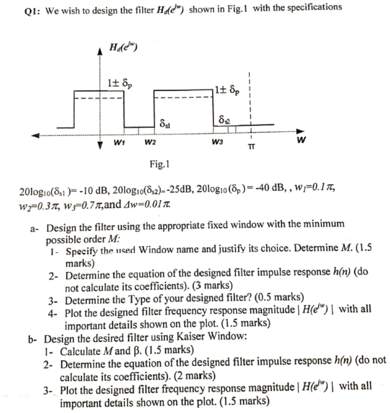 Solved Q1: We wish to design the filter Hd(eh) shown in Fig. | Chegg.com
