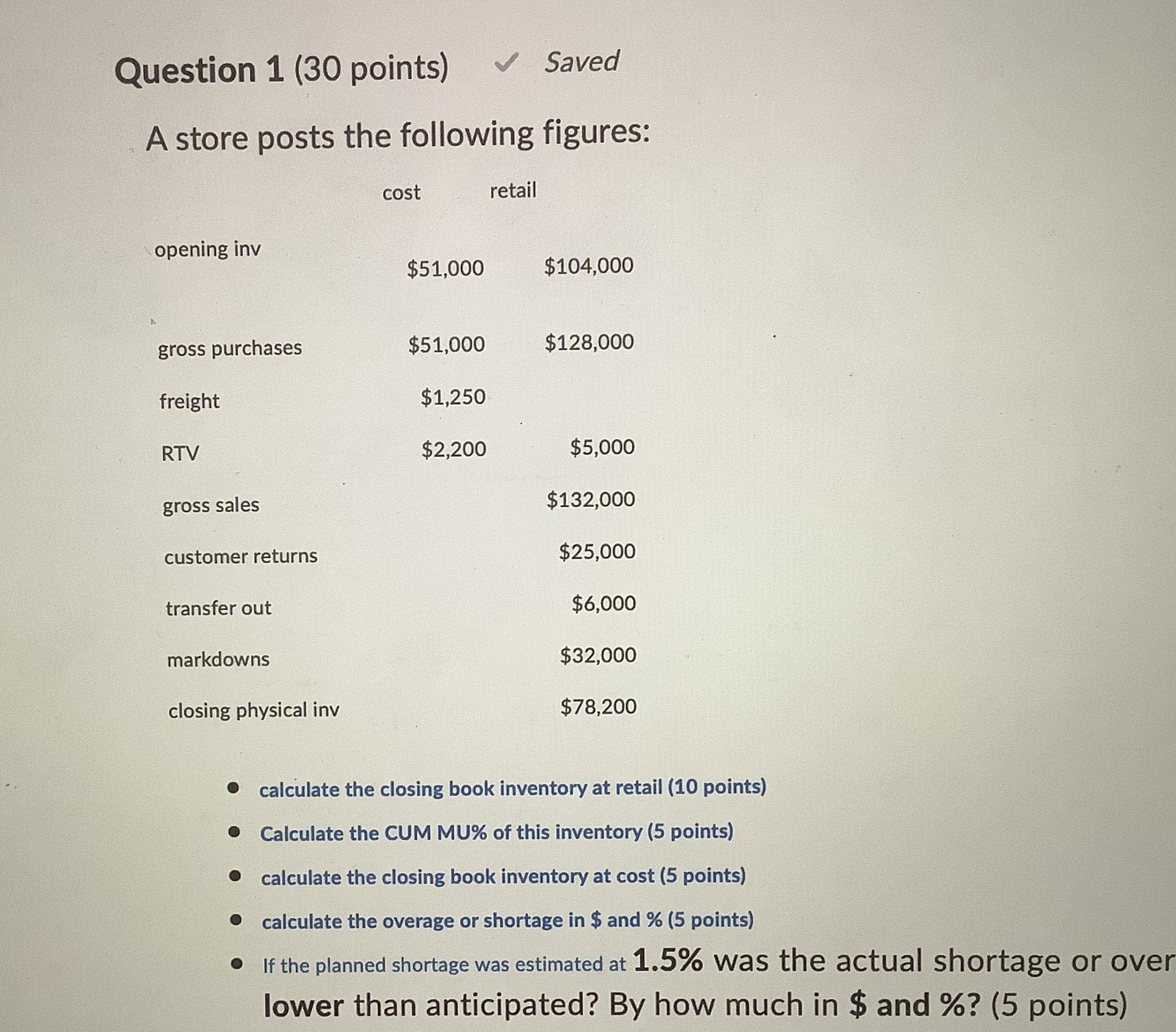 Solved A store posts the following figures: calculate the | Chegg.com