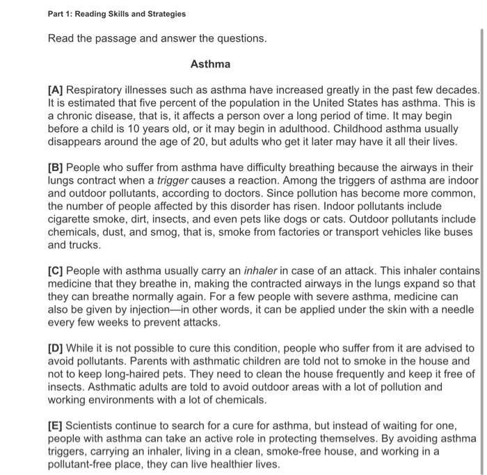 Solved Part 1: Reading Skills and Strategies Read the | Chegg.com
