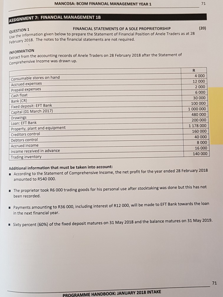 Solved MANCOSA: BCOM FINANCIAL MANAGEMENT YEAR 1 71 NMENT 7: | Chegg.com