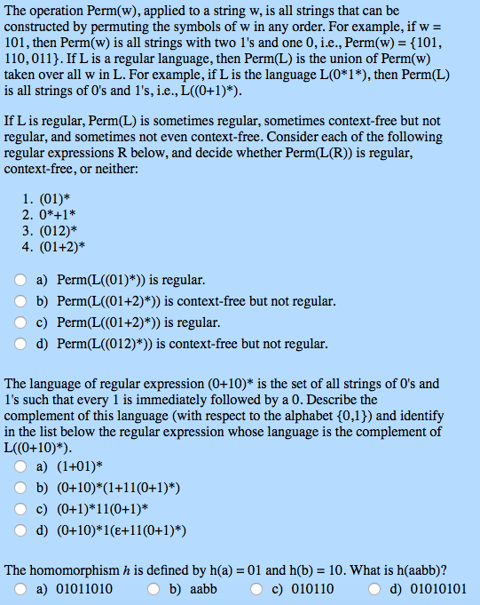 The operation Perm(w), applied to a string w, is all | Chegg.com