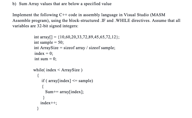 Solved b) Sum Array values that are below a specified value | Chegg.com