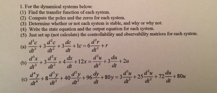 Solved For the dynamical systems below: Find the transfer | Chegg.com