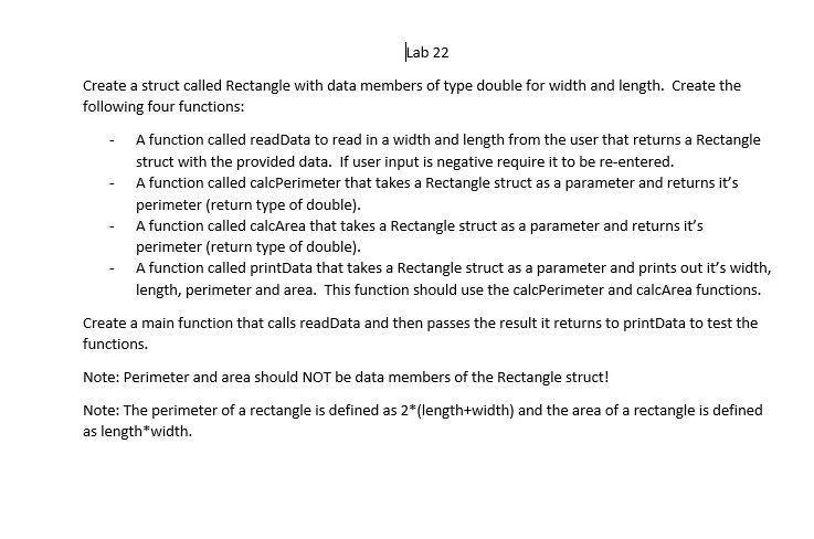Solved Lab 22 Create a struct called Rectangle with data | Chegg.com