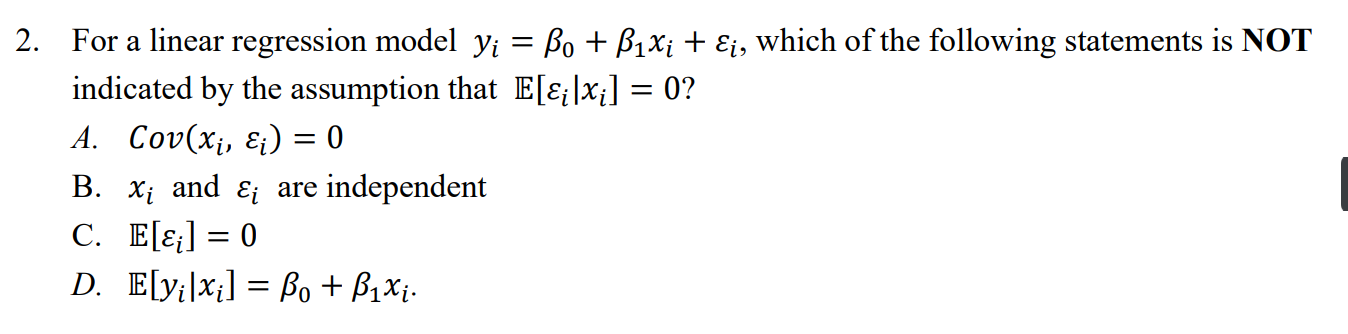 Solved 2. For a linear regression model yi = Bo + B1Xi + εi, | Chegg.com