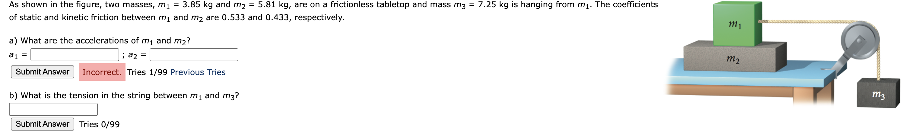 Solved As shown in the figure, two masses, m1=3.85 kg and | Chegg.com