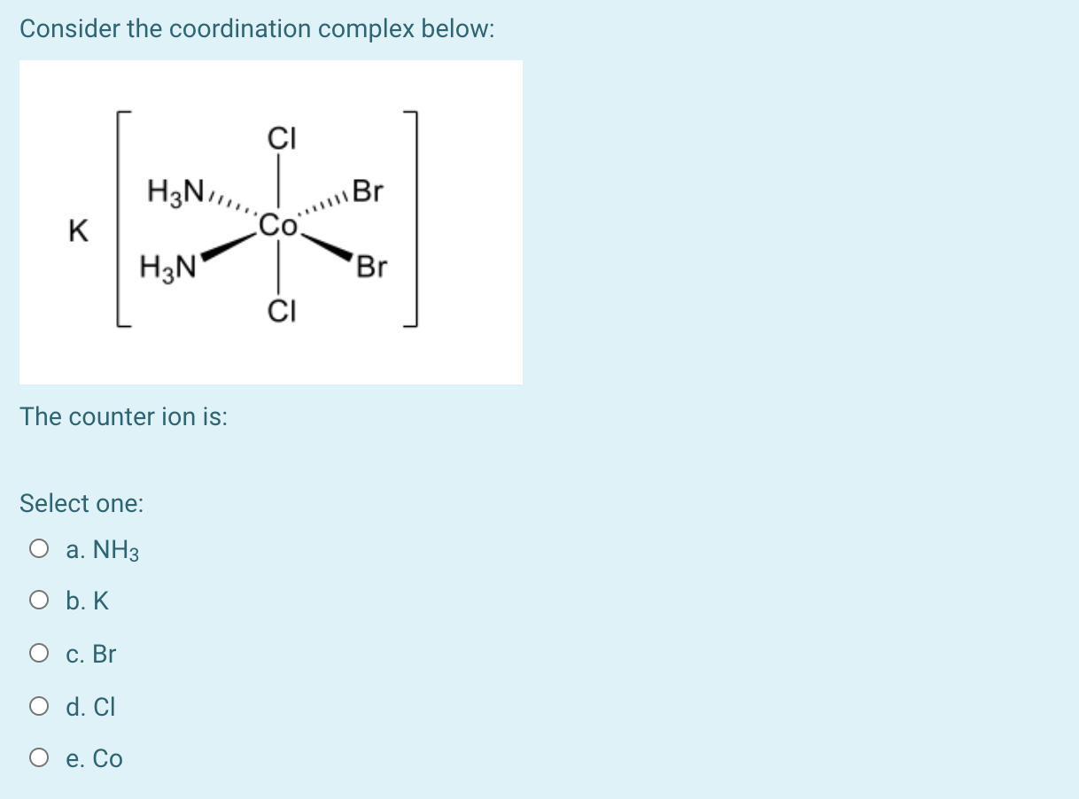 Solved Consider the coordination complex below: CI H3N, Br K | Chegg.com