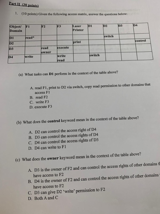 Solved 1. (10 points) Given the following access matrix, | Chegg.com