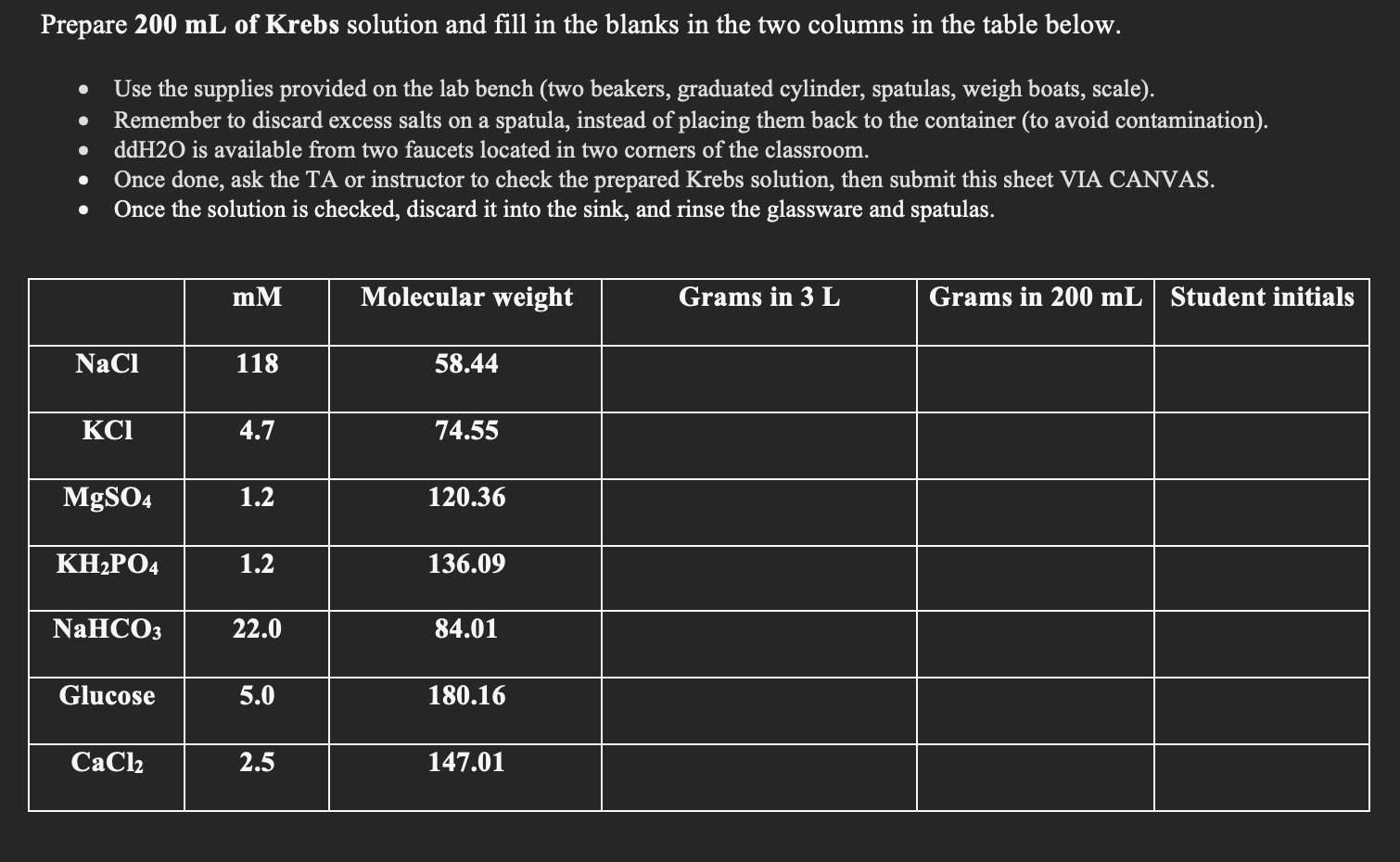 Solved Prepare 200mL of Krebs solution and fill in the | Chegg.com