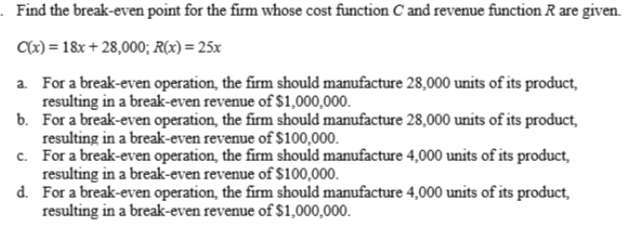 Solved Find the break-even point for the firm whose cost | Chegg.com