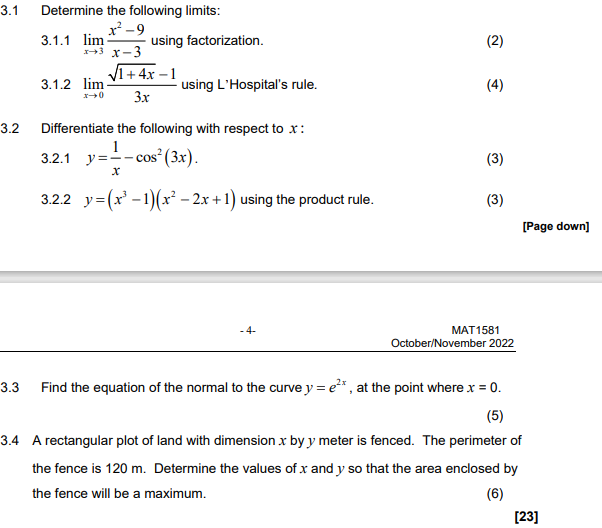 Solved 1 Determine the following limits: 3.1.1 limx→3x−3x2−9 | Chegg.com