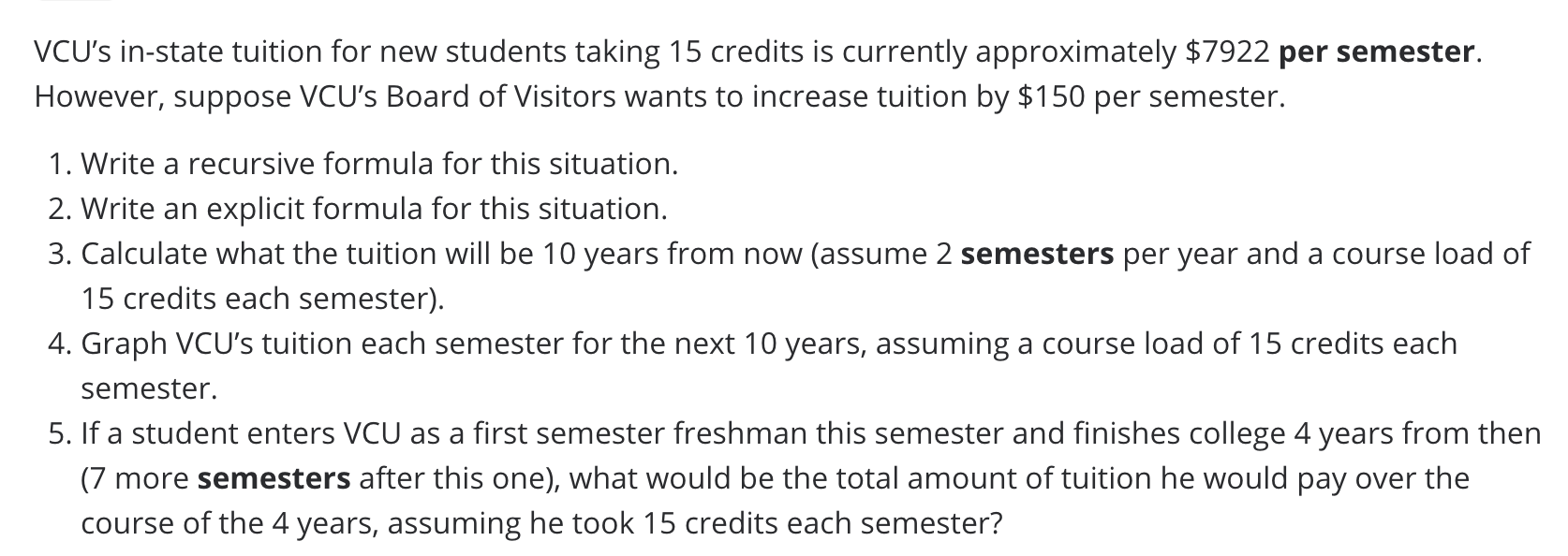 Solved VCU's in-state tuition for new students taking 15 | Chegg.com