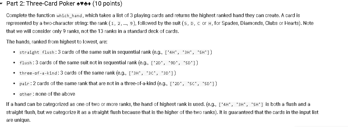 Solved - Part 2: Three-Card Poker 44+(10 points) Complete | Chegg.com