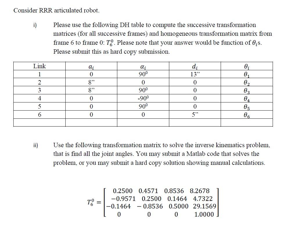 Consider RRR articulated robot. i) Please use the | Chegg.com