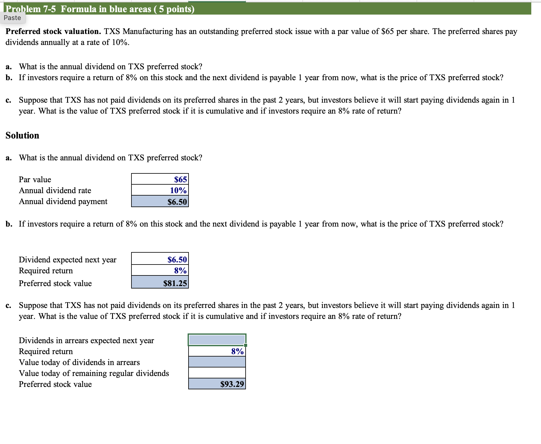 Problem 7-5 Formula in blue areas ( 5 points) Paste | Chegg.com