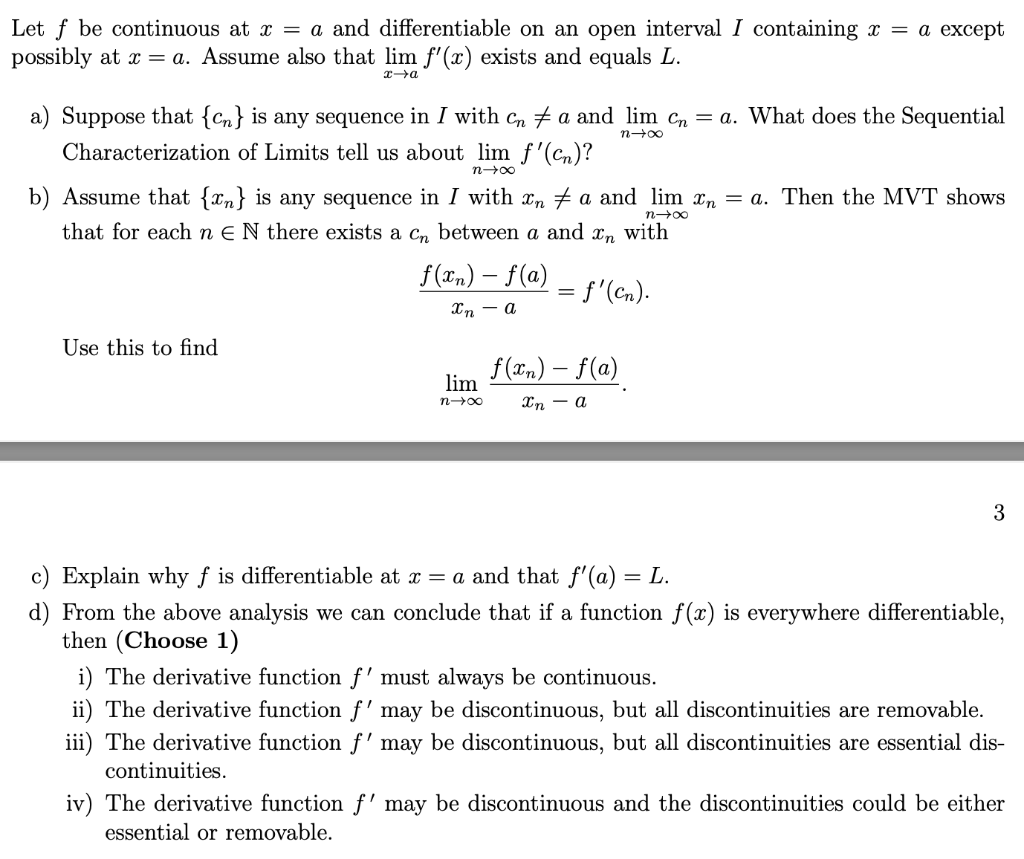 Solved Let f be continuous at x=a and differentiable on an | Chegg.com