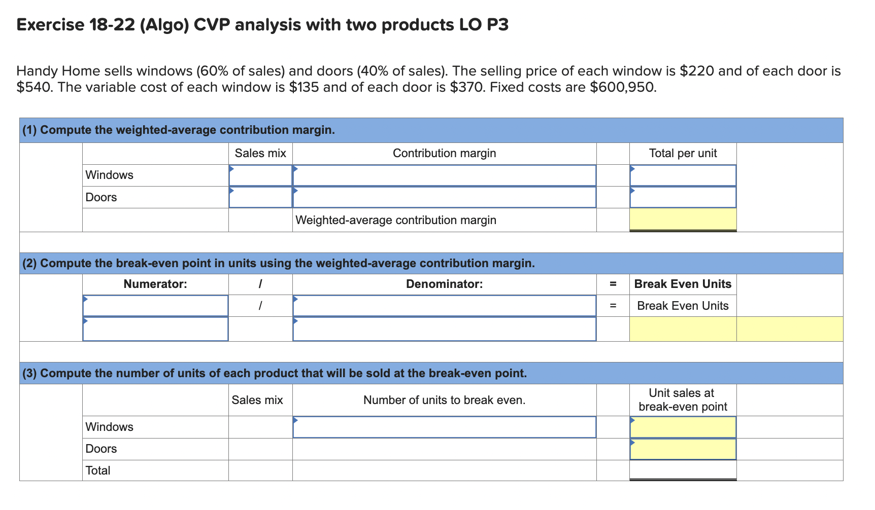 Solved Exercise 18-22 (Algo) CVP analysis with two products | Chegg.com