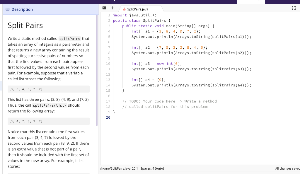 Solved Description Split Pairs Write a static method called | Chegg.com