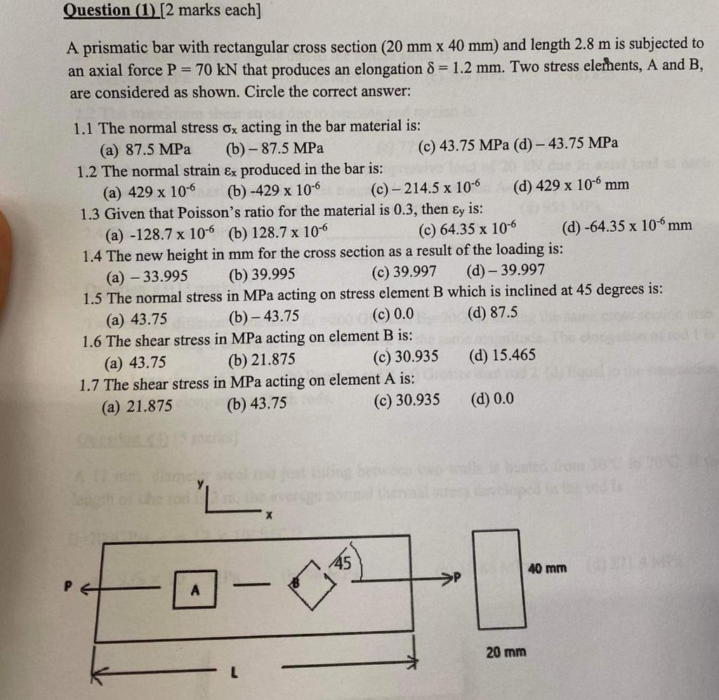 Solved Question (1) [2 marks each] A prismatic bar with | Chegg.com