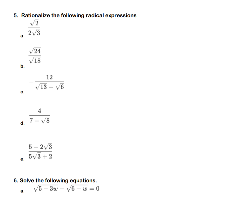 Solved 5. Rationalize the following radical expressions V2 | Chegg.com
