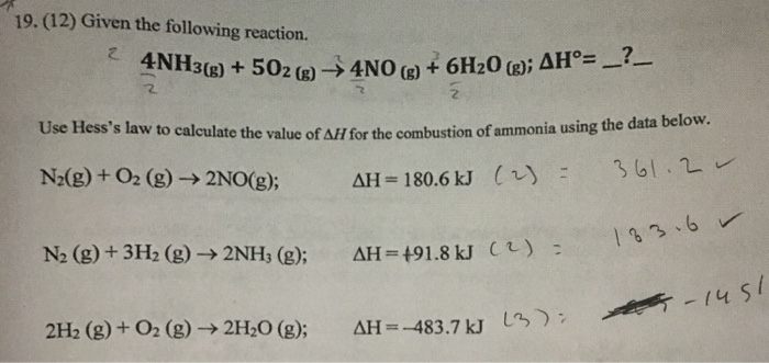 Solved 19. (12) Given the following reaction. 4NH3(g) + 502 | Chegg.com ...