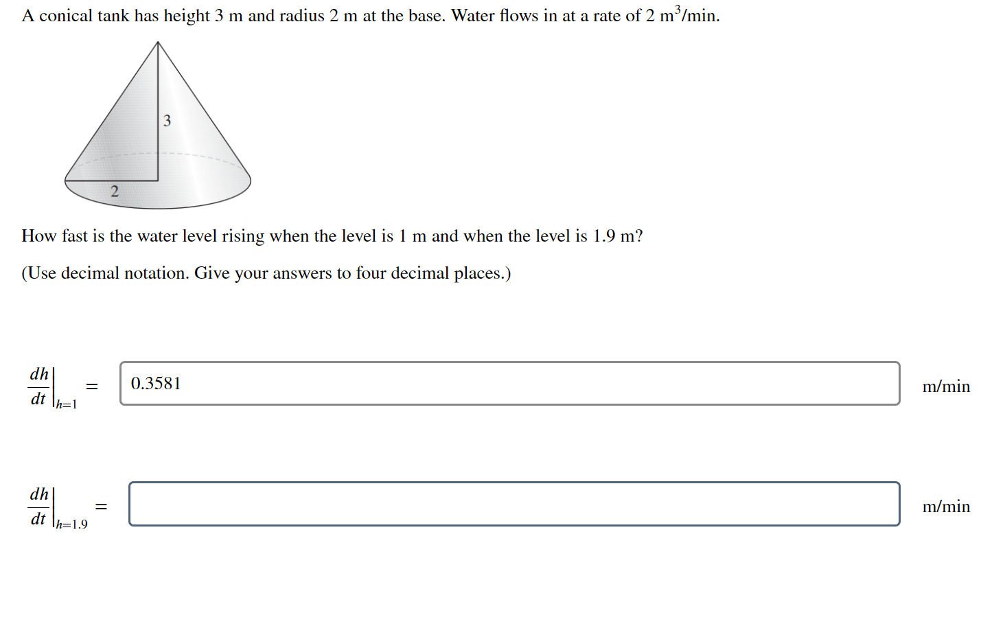 Solved How fast is the water level rising when the level is | Chegg.com
