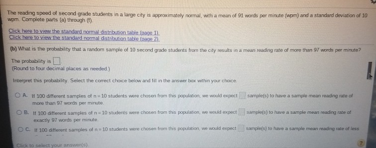 Solved The reading speed of second grade students in a large | Chegg.com