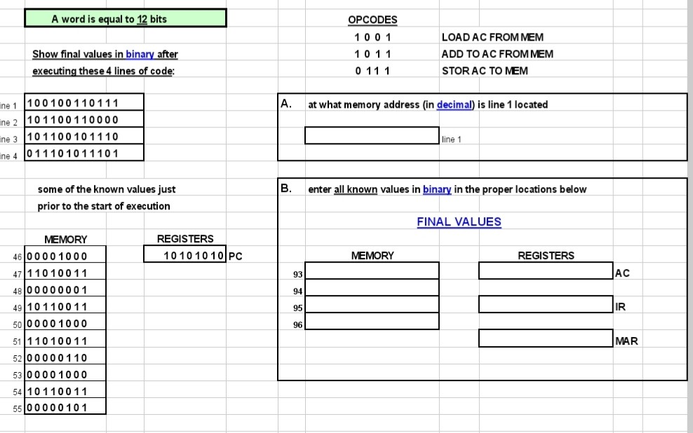 Solved A word is equal to 12 bits OPCODES 1001 10 11 0 111 | Chegg.com