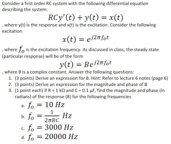 Solved Consider a first order RC system with the following | Chegg.com