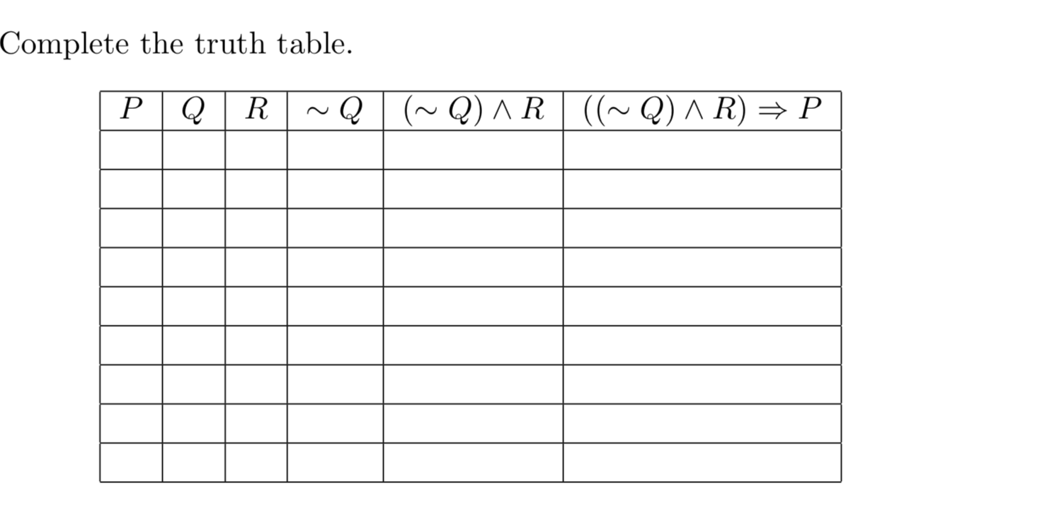Solved Complete the truth table. PQ R Q (~Q) AR ((~Q) A R) = | Chegg.com