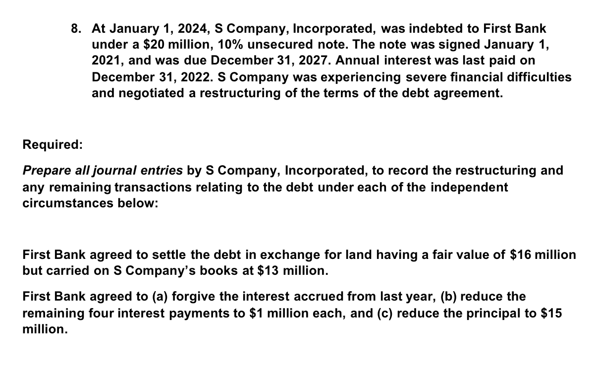 Solved 8. At January 1, 2024, S Company, Incorporated, was | Chegg.com