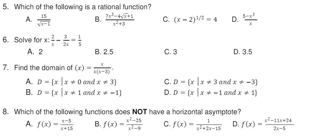 Solved 5. Which of the following is a rational function? A. | Chegg.com